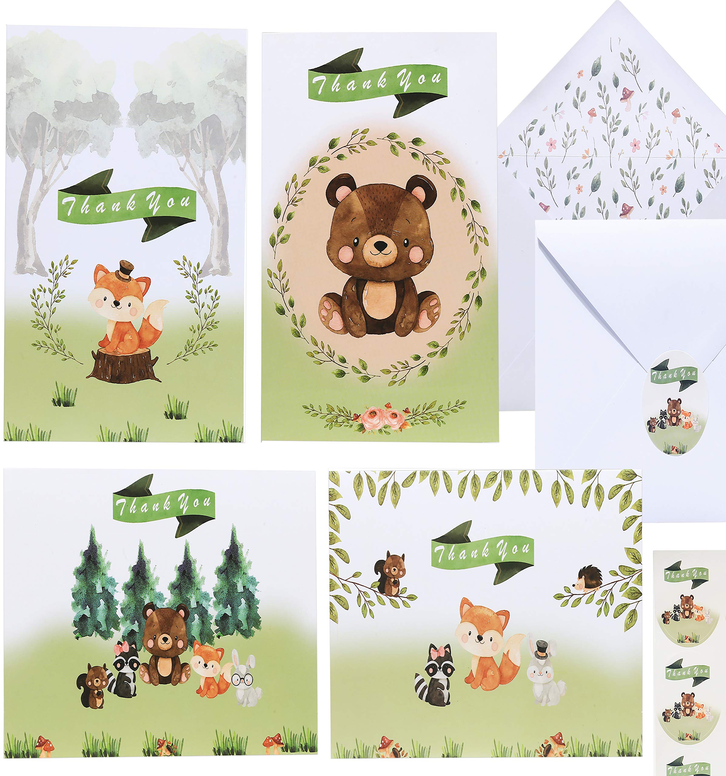 SUPREME IMPRESSION Baby Shower Thank You Cards - 36 Pack of Cute Woodland Forest Animals Thank You Notes with Envelopes and Stickers | Perfect for Kids Birthday or Baby Showers