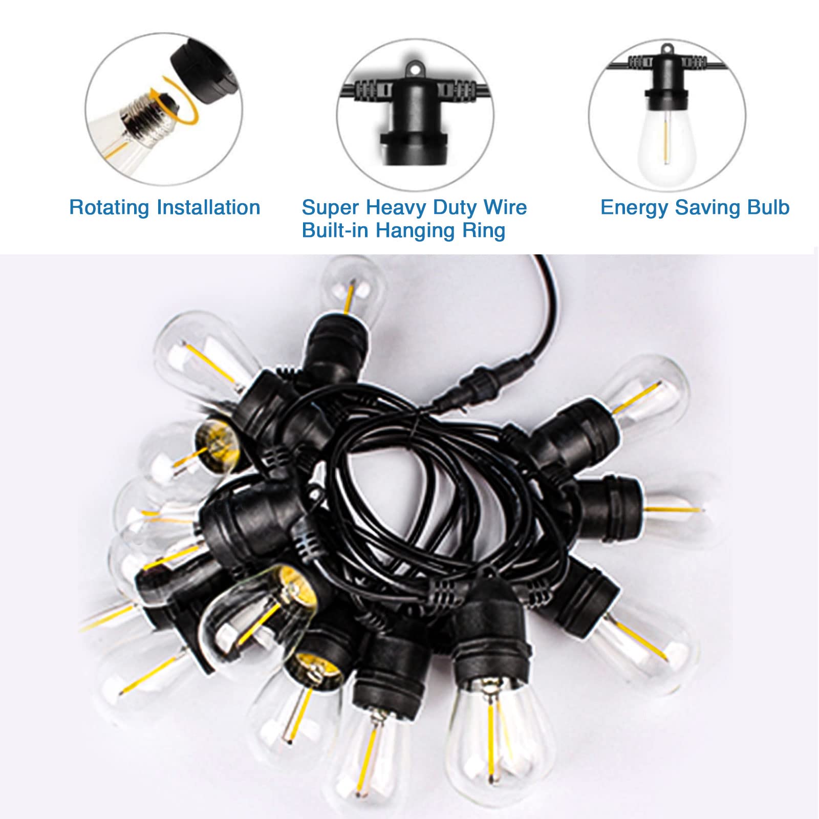 ANTING 120FT Outdoor String Lights with 38+2 Shatterproof Plastic Bulbs,38×E26 Sockets,Patio Lights LED Commercial Grade Weatherproof String Lights for Patio Garden Porch Backyard,2700K Warm White
