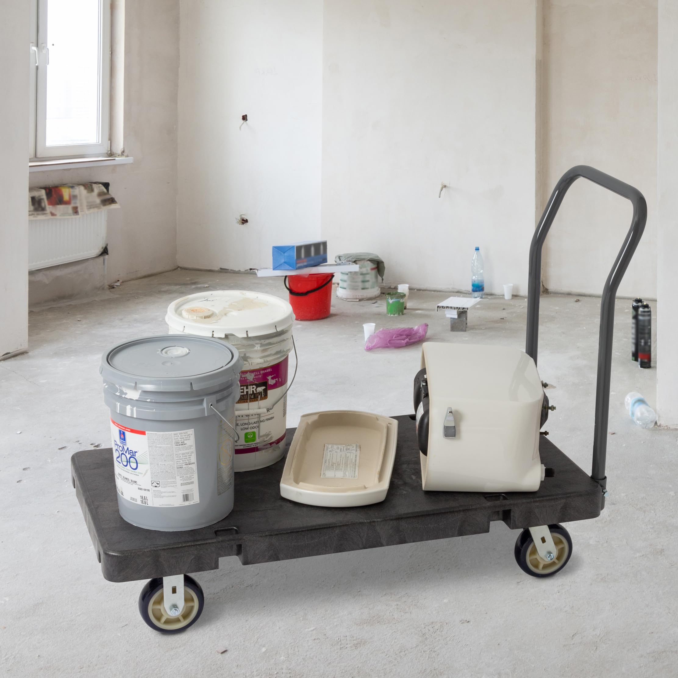 Akro-Mils Versa/Deck Push Dolly Cart with Wheels, Reinforced Plastic Platform Hand Truck with Removable Handle, 6" Non-Marking Polyurethane Casters, 2000-Pound Capacity, 24" x 48", Black R90182A1411