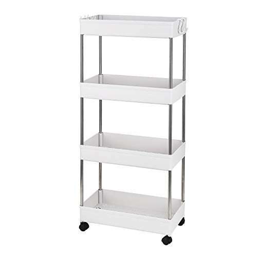4 Tier Slim Storage Cart, Bathroom Storage Organizer Mobile Multi Functional Slim Storage Cart Rolling Utility Cart Tower Rack for Kitchen Bathroom Laundry Narrow Places