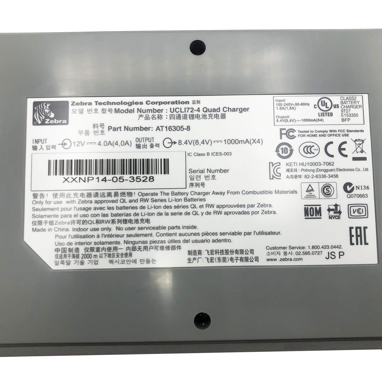 New Genuine Zebra UCLI72-4 Quad Battery Charger AT16305-8 No Power Adapter