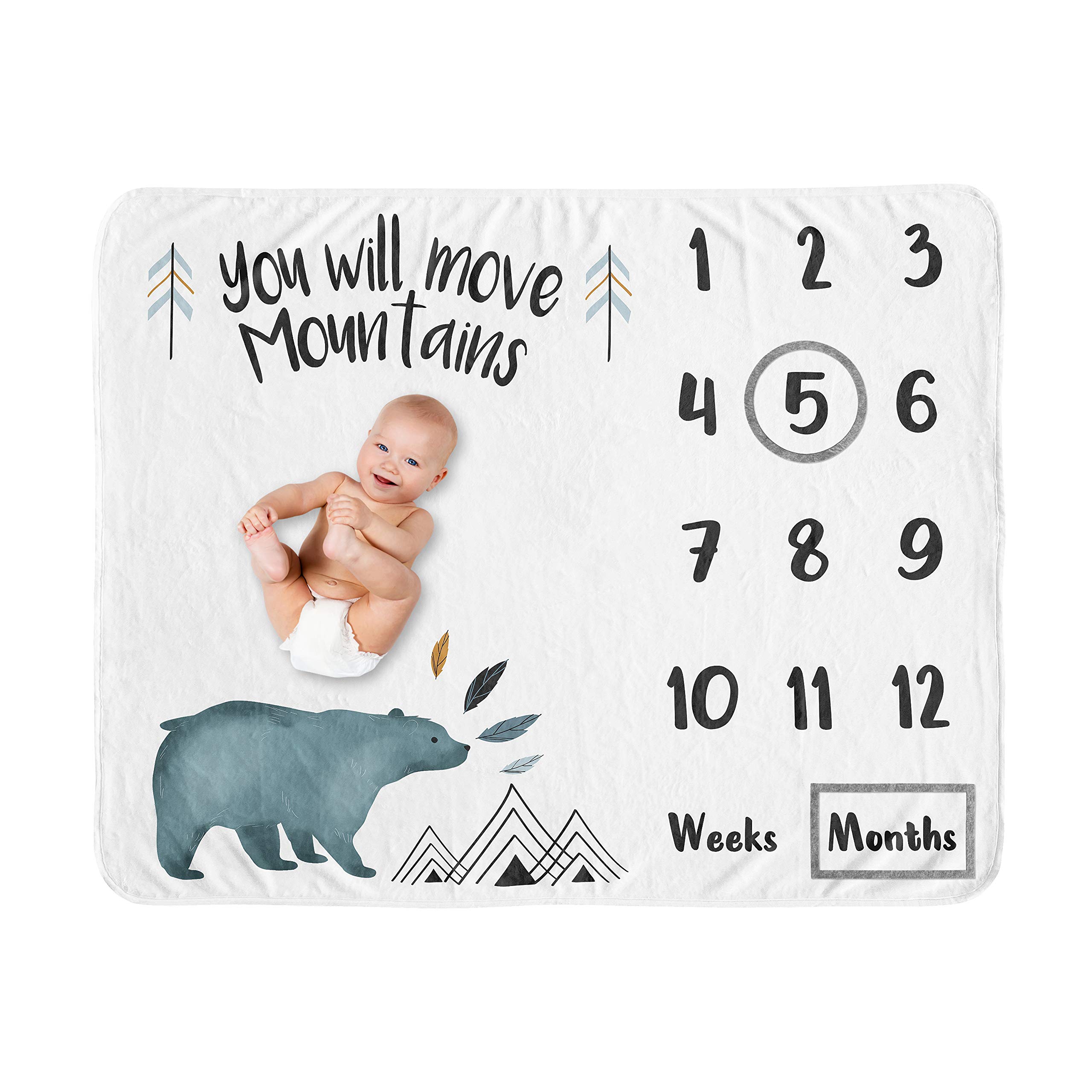 Sweet Jojo Designs Bear Mountain Boy Milestone Blanket Monthly Newborn First Year Growth Mat Baby Shower Memory Keepsake Gift Picture - Slate Blue and Black Woodland Forest You Will Move Mountains