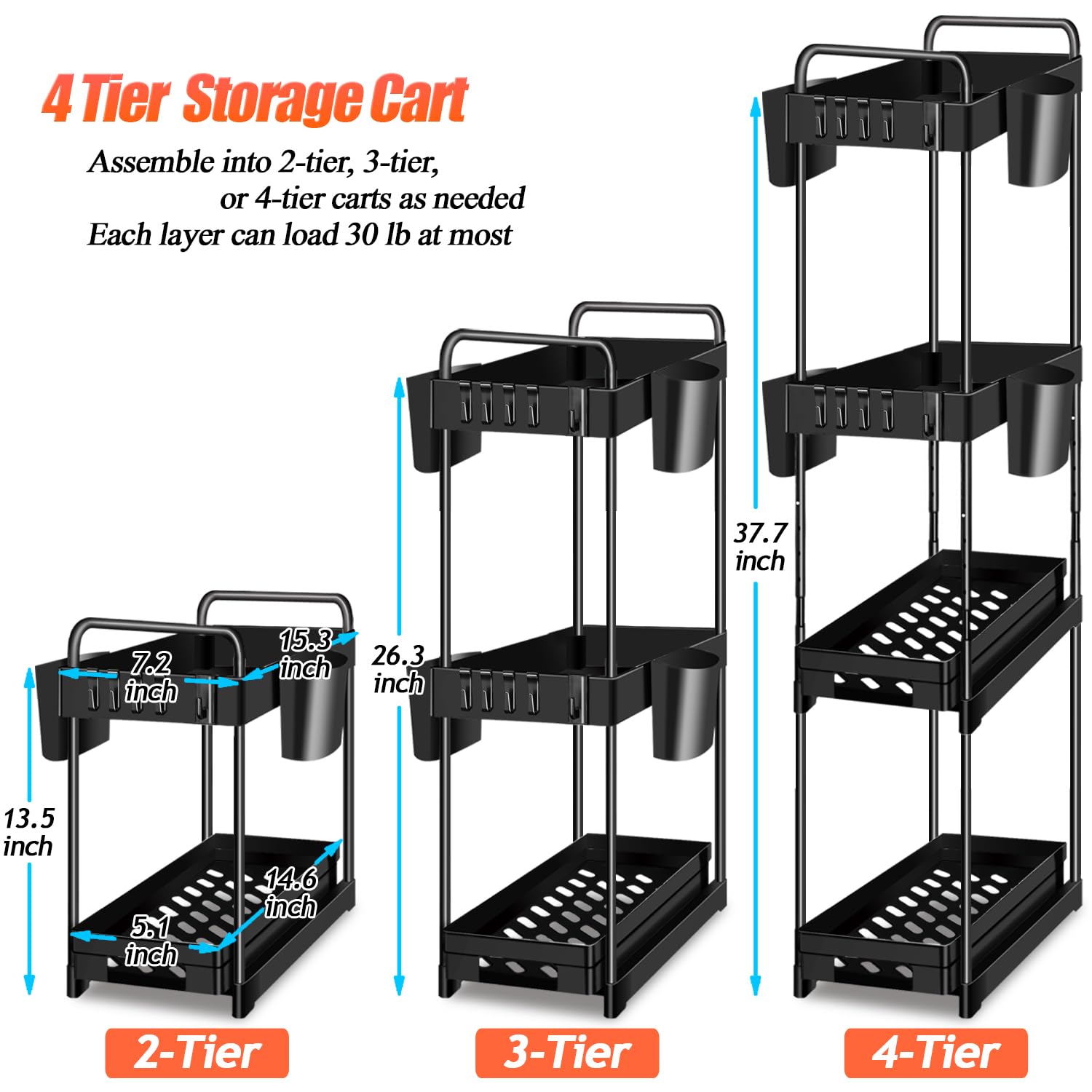 2 Pack Under Sink Organizers and Storage,2 Tier Pull Out Cabinet Organizer with Wheels,4 Tier Multi-Functional Rolling Storage Cart with Retractable Tubes for Bathroom,Kitchen,Laundry Room,Black