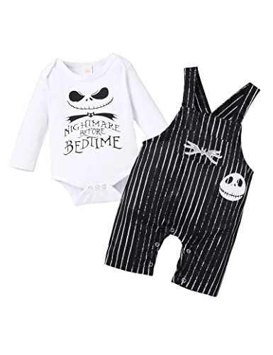Crazyme Baby Boy Girl Clothes 2PCs Outfit Set Nightmare Before Bedtime Skull Christmas Clothing Set (Boy Black, 3-6 Months