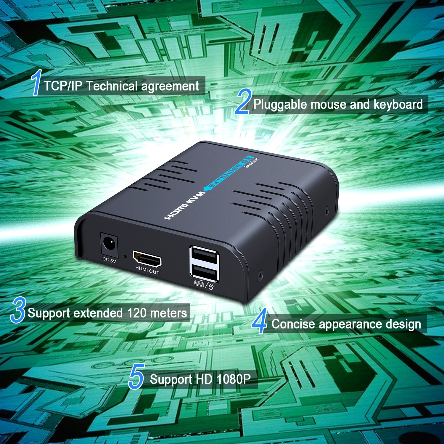 AGPTEK HDMI KVM Extender(Only Receiver) Over Single Cat 5/5E/6/7 Ethernet Cable- Signal Extension Up to 120m/365Ft- Ultra HD 1080p@60Hz