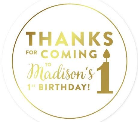 Andaz Press Personalized Round Circle Birthday Favor Gift Labels Stickers, Metallic Gold Ink, Thanks for Coming to My 1st Birthday, 40-Pack, Custom Made Name, Gold Invitations Stationery
