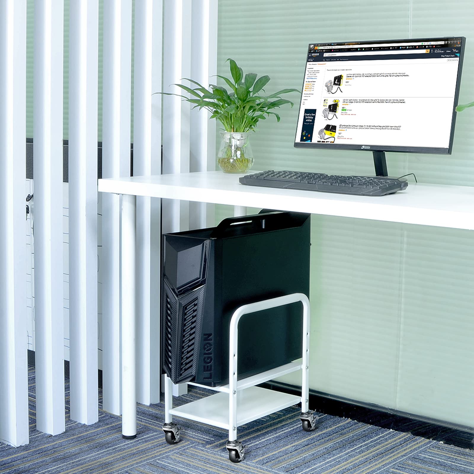 360Tronics Computer Tower Stand White, 2-Tier Height Adjustable Desktop PC Stand for Carpet, Mobile Tower Cart Under Desk, Full Metal Rolling CPU Holder with 360° Locking Wheels for Office Home