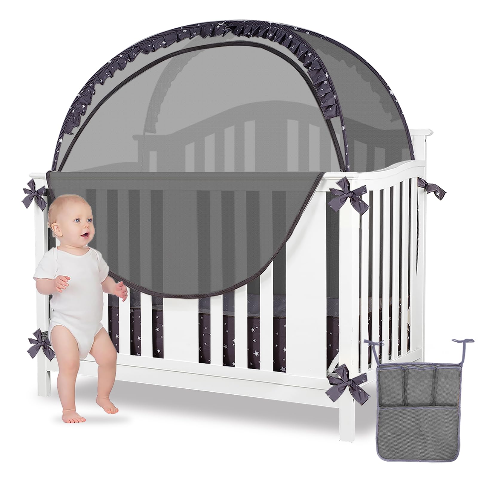 ZXPLO Baby Safety Crib Tent Infant Pop up Mosquito Net Nursery Bed Canopy Netting Cover - Keep Baby from Climbing Out with Hanging Diaper Storage Bag (Dark Gray)