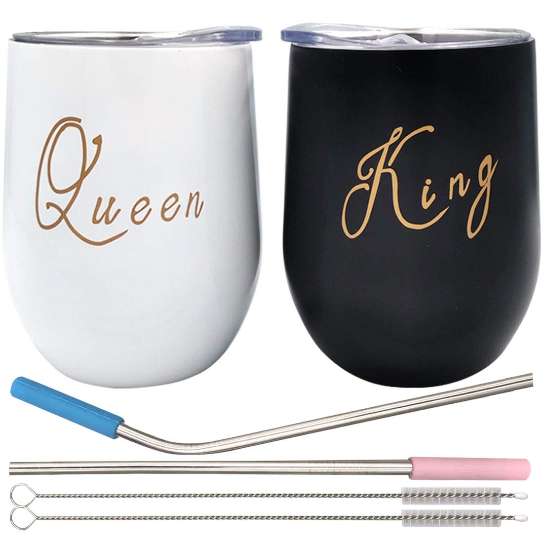 2 Pack 12oz Insulated Wine Tumbler with Lid Straw, Stemless Wine Glasses, Unbreakable Stainless Steel Thanksgiving Christmas Wedding Wine Glass Set Gift, Travel Use Coffee Cup, Gift for Parents Couple