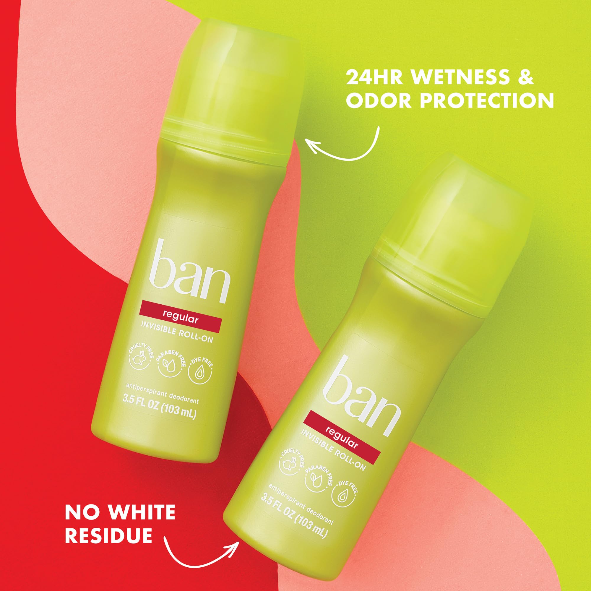 Ban Invisible Roll-on Antiperspirant Deodorant for Women and Men, 24-Hour Underarm Odor & Sweat Protection, Regular, 3.5 Oz, Pack of 2