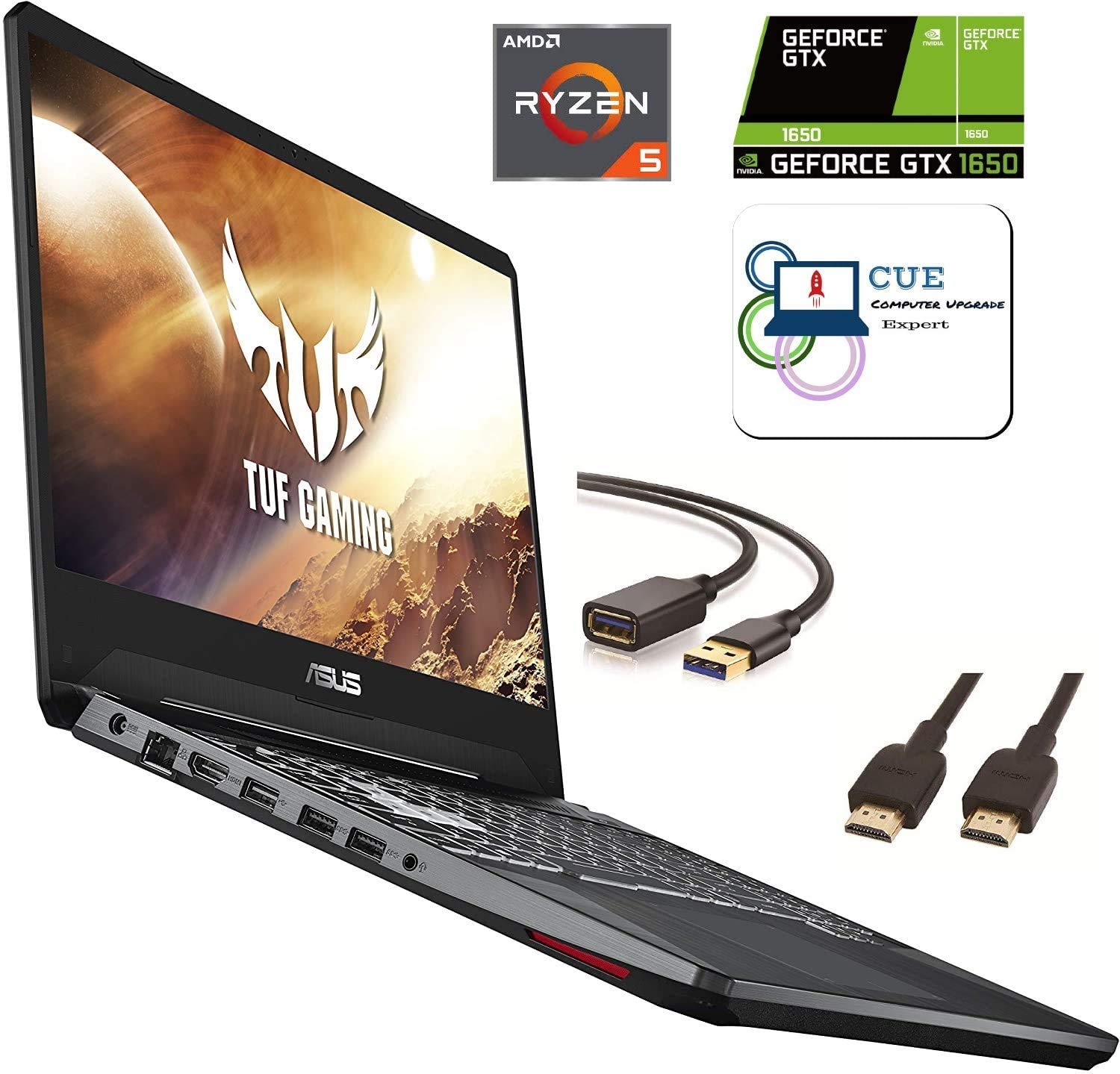 ASUS TUF Gaming Laptop, 15.6” IPS Full HD, AMD Quad-Core Ryzen 5 3550H, 16GB DDR4 Memory, 256GB SSD, Nvidia GeForce GTX 1650, RGB Backlit Keyboard, Webcam, BT, Windows 10 + CUE Accessories