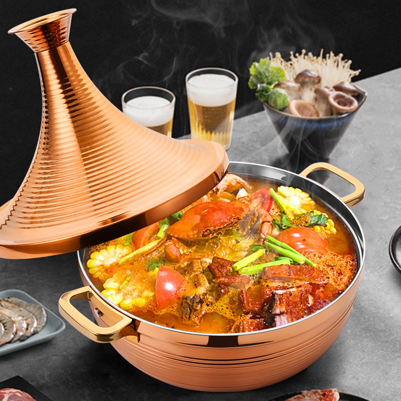 304 Stainless Steel Tagine Pot Moroccan Cooker Non Stick Cooking Pot with 2 Handle Large Moroccan Cooking Tagine Pot with Cone-Shaped Closed Lid,Silver,23cm