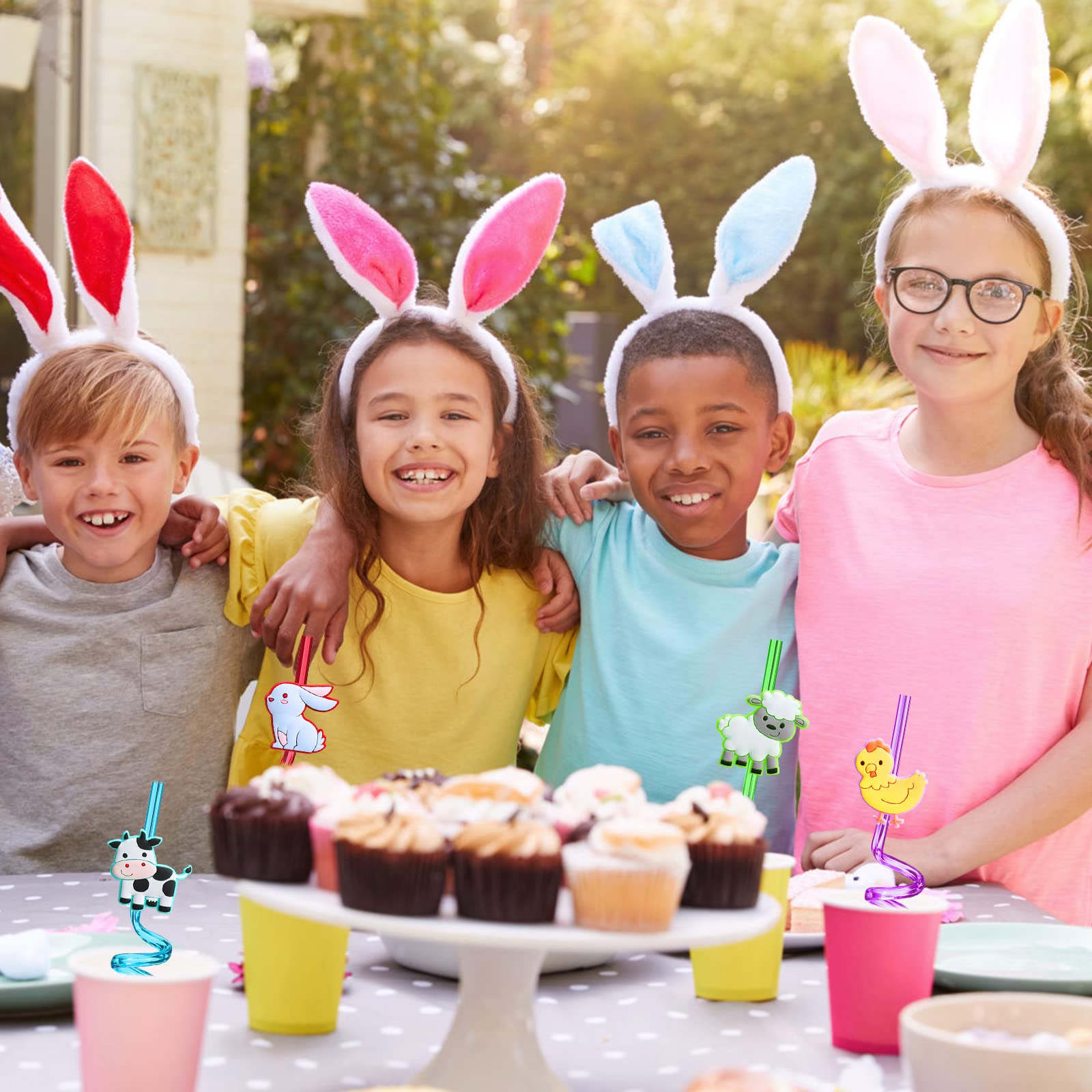 24 Easter Party Favors Easter Eggs Bunny Carrot Chicken Cow Sheep Drinking Straws for Kids Easter Gifts,Easter Party Supplies Decorations with 2 PCS Straws Cleaning Brush