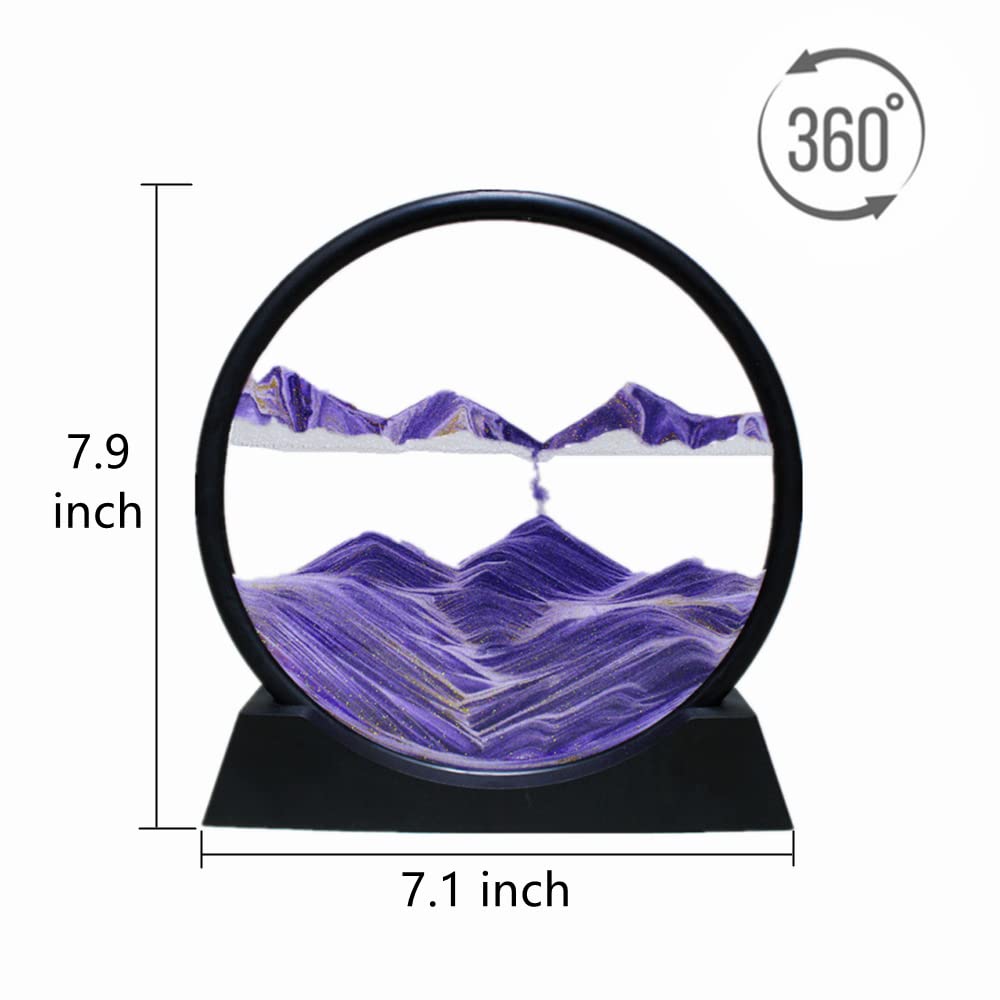 ANXUS Moving Sand Art Picture in Motion Round Glass 3D Deep Sea Sandscape Display Flowing Sand Frame, Sensory Relaxing Desktop Home Office Work Desk Decor(7", Purple)