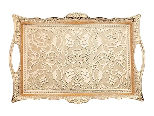 HAVLULAND Decorative Metal Serving Tray Square 14.50" Tea Trays Bathroom Organizer Vanity Tray Marble Tray Bar Trays Vintage Tray Coffee Serving Trays - Gold