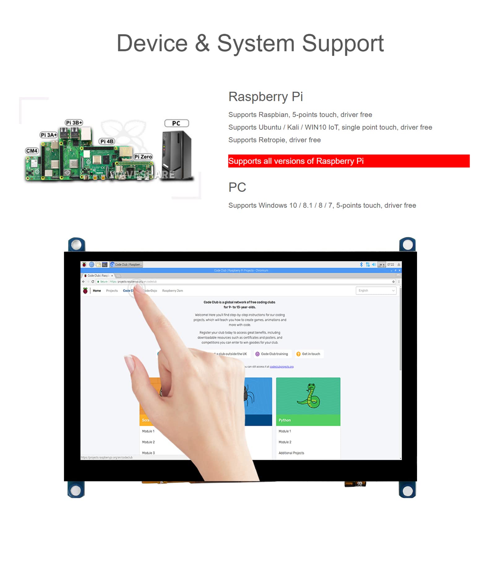 Waveshare 5 Inch HDMI LCD Screen 800x480 TFT Capacitive Touch Screen Display Monitor for Raspberry Pi 4B/3B+/A+/B/2B/B+/A+/Zero W Compatible with Windows 10/8.1/8/7