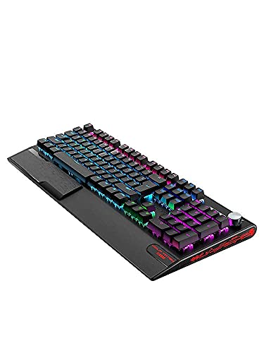 Multimedia Knob Computer Mechanical Keyboard Sandblast Metal Panel,104-Keys Conflict Free Buttons Gaming Keyboard,Dazzle Colour on Both Side, Mouse+Mouse Pads (Black/Raionbow Backlit/Blue Switch)