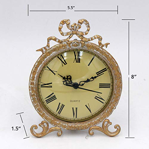 Funly mee Vintage Pewter Table Clock with Antique Golden Bow(Plexiglass Shell)