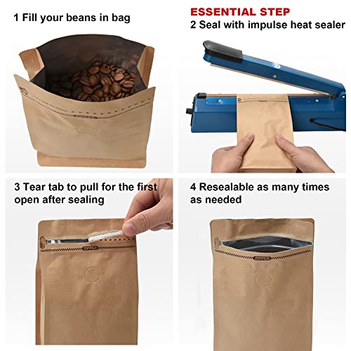 4 Ounce 50 Pieces High Barrier Kraft Paper Coffee Bags Stand Up/Flat Bottom Coffee Pouches with Air Release Valve and Reusable Pull Tab Side Zipper (50, 4oz/0.25lb/100gm)