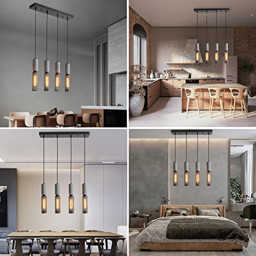 ADCTHOME 4-Light Concrete Linear Pendant Light with a Metal Mesh Shade,Modern Industrial Hanging Cement Pendant Lighting for Kitchen Island Bedroom Living Room Dining Room Light Fixture
