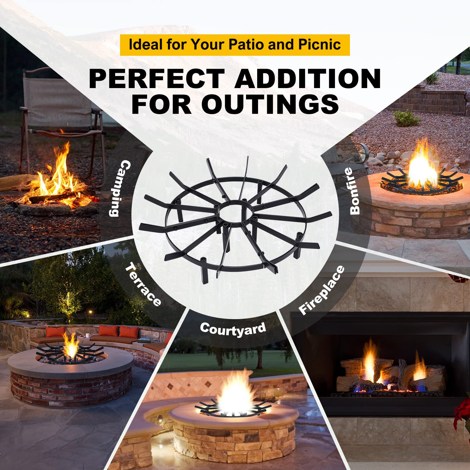 1MORE Fire Pit Grate Log Grate, Fireplace Grate 24 inch Heavy Duty, Round Fireplace Grates, Wood Stove Burning Rack Holder, Firewood Grate for Fire Pit & Backyard Patio, Outdoor Camping Hearth.