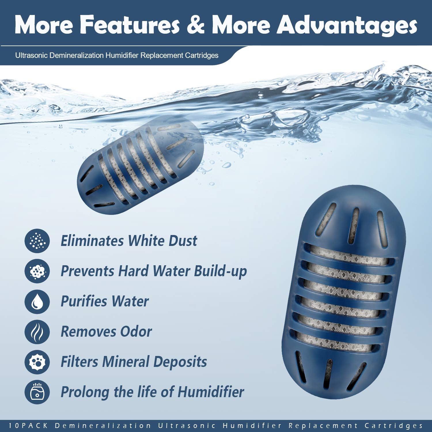 Anyhow Demineralization Ultrasonic Humidifier Replacement Cartridges, Filter Mineral Deposits, Prevents Hard Water Build-Up, Eliminates White Dust, Removes Odor-10Pack