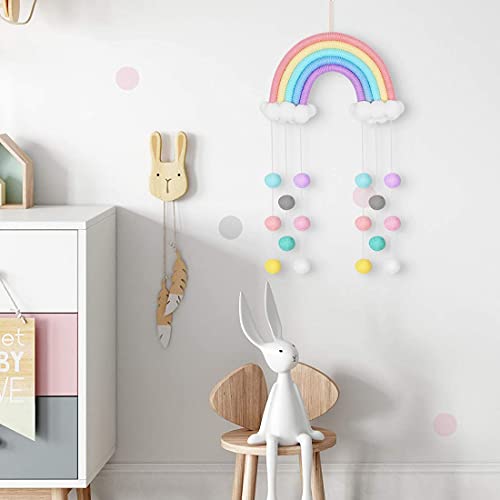 Boho Rainbow Nursery Decor Pom Pom Ball Handmade Macrame Rainbow Cloud Raindrop Wall Hanging Tassel for Home Decor Baby Room Nursery Classroom Dorm Room Baby Shower Party Supplies -Pink