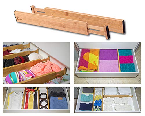 Bamboo Drawer Dividers Organizers 6-pack (12"-17") Adjustable Spring Loaded Drawer Divider Expandable Drawer Organizer Utensil Separators for Kitchen, Bedroom, Dresser, Office, Baby Drawers, Closet