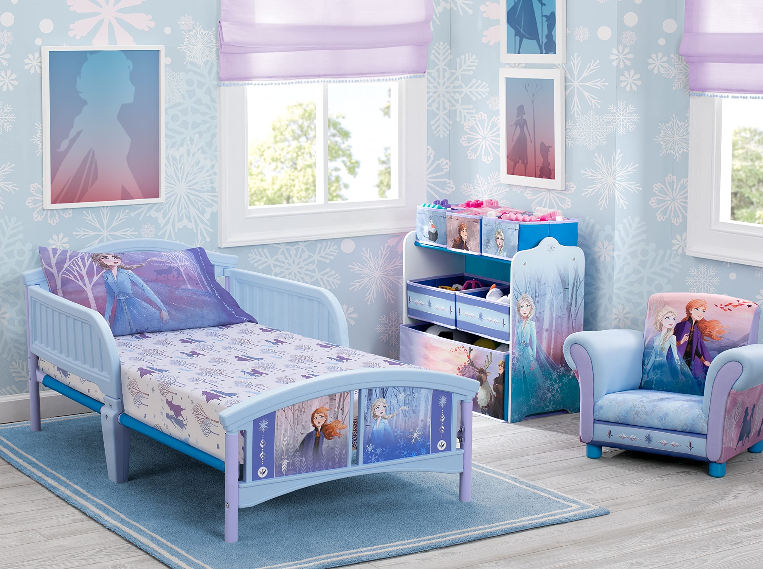 Disney Frozen II Traveling North Lavender, Light Blue & Plum 2Piece Toddler Sheet Set - Fitted Bottom Sheet, Reversible Pillowcase, Lavender, Light Blue, White, Plum