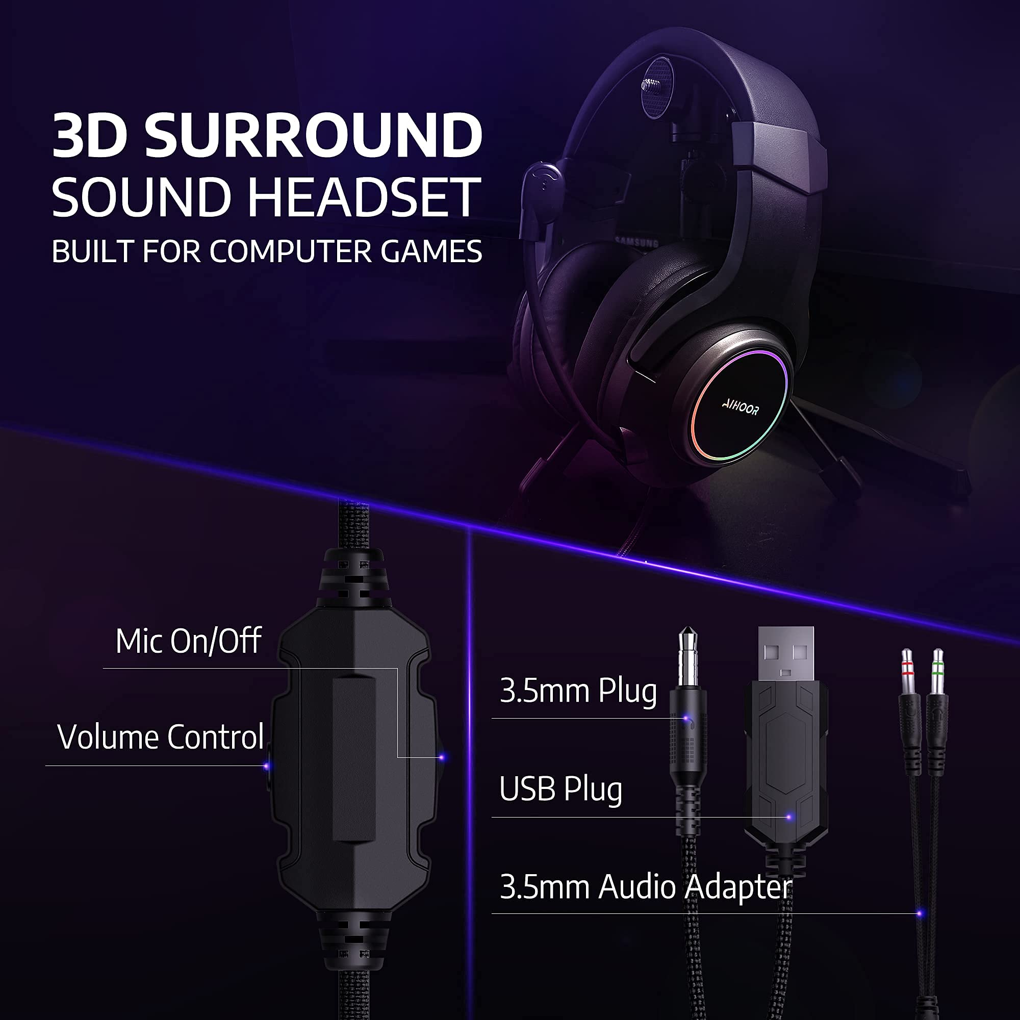 AIHOOR G10 Wired Gaming Headset with Microphone, Over Ear Headphones, Stereo Surround Sound Noise Cancelling Mic, 3.5 mm Audio Jack, Soft Memory Protein Earmuffs for PC/Mac/PS4/PS5/Switch/Xbox one
