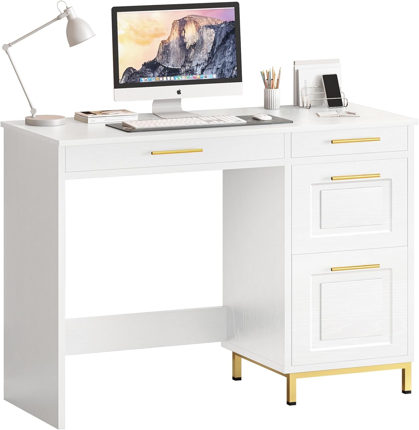 4 EVER WINNER White Desk with Drawers, 43β Home Office Small Desk with Drawers, Gold Hardware for Small Space, White and Gold Desk Writing Study Table for Bedroom