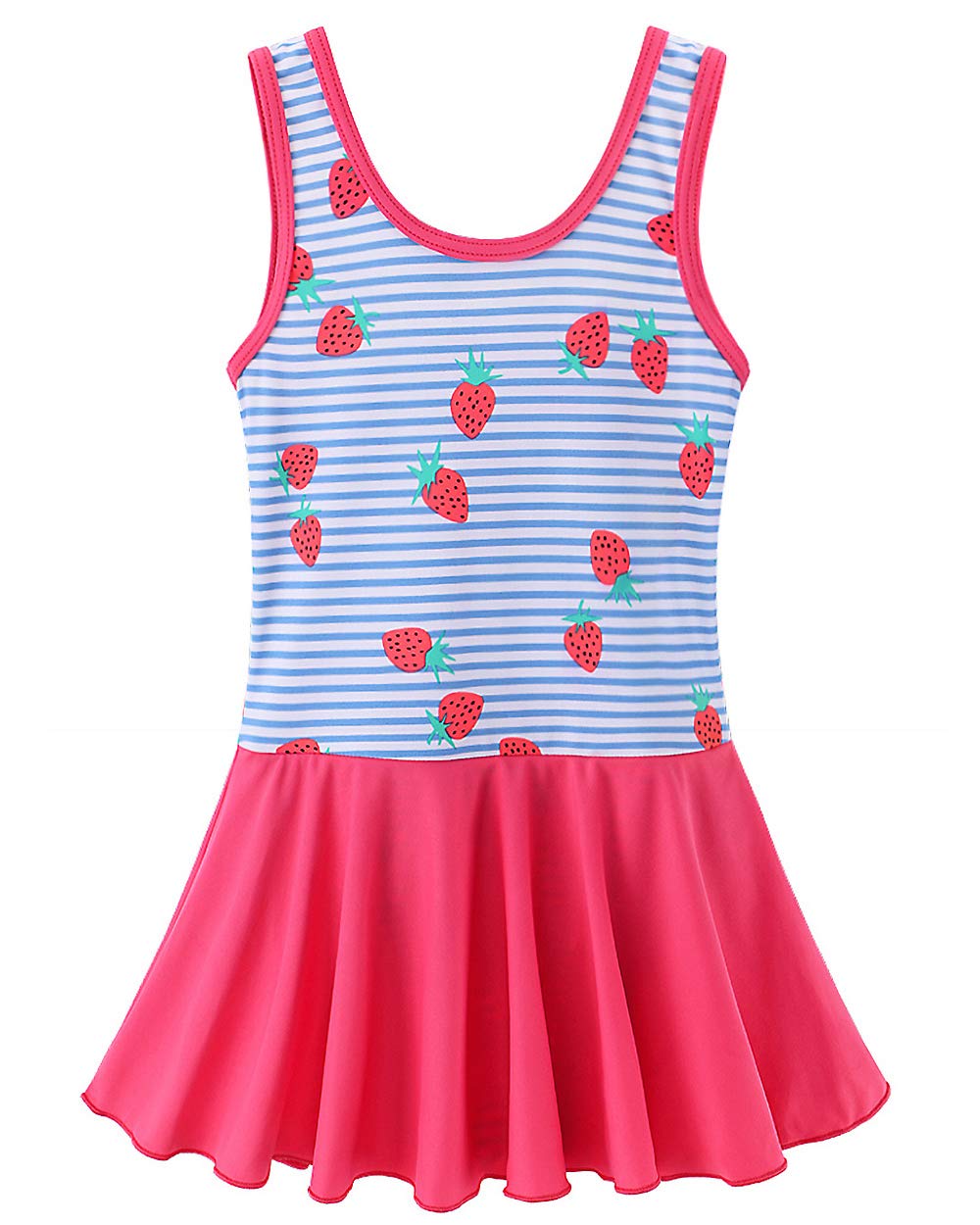BAOHULU Toddler Girls Swimsuit One Piece Cute Floral Dress Swimwear 3-8 Years S283_StrawberryBlue_140/146