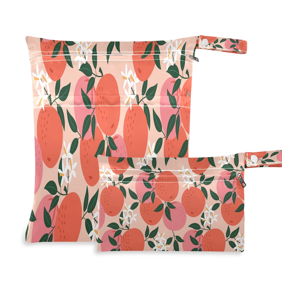 Wet Dry Bags for Diaper Bag Fruit Orange Flower Pattern Cloth Diaper Hanging Wet Bags Waterproof Washable Organizer Pouch with Pocket for Travel Camping Beach