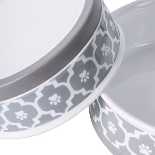 Bone Dry Lattice Pet Bowl, Removable Silicone Ring Creates Non-Slip Bottom for Secure Feeding & Less Mess, Microwave & Dishwasher Safe, Medium Set, 6x2", Gray, 2 Count