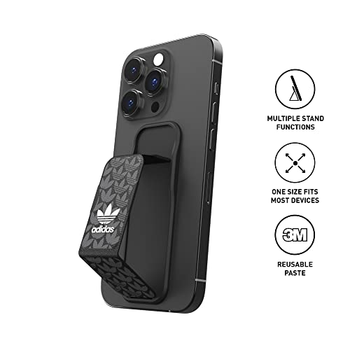 adidas Cell Phone Kickstand Compatible with MagSafe iPhone 14/13/12 Series | Magnetic Mobile Phone Grip Holder & Finger Strap (Black/White Trefoil)