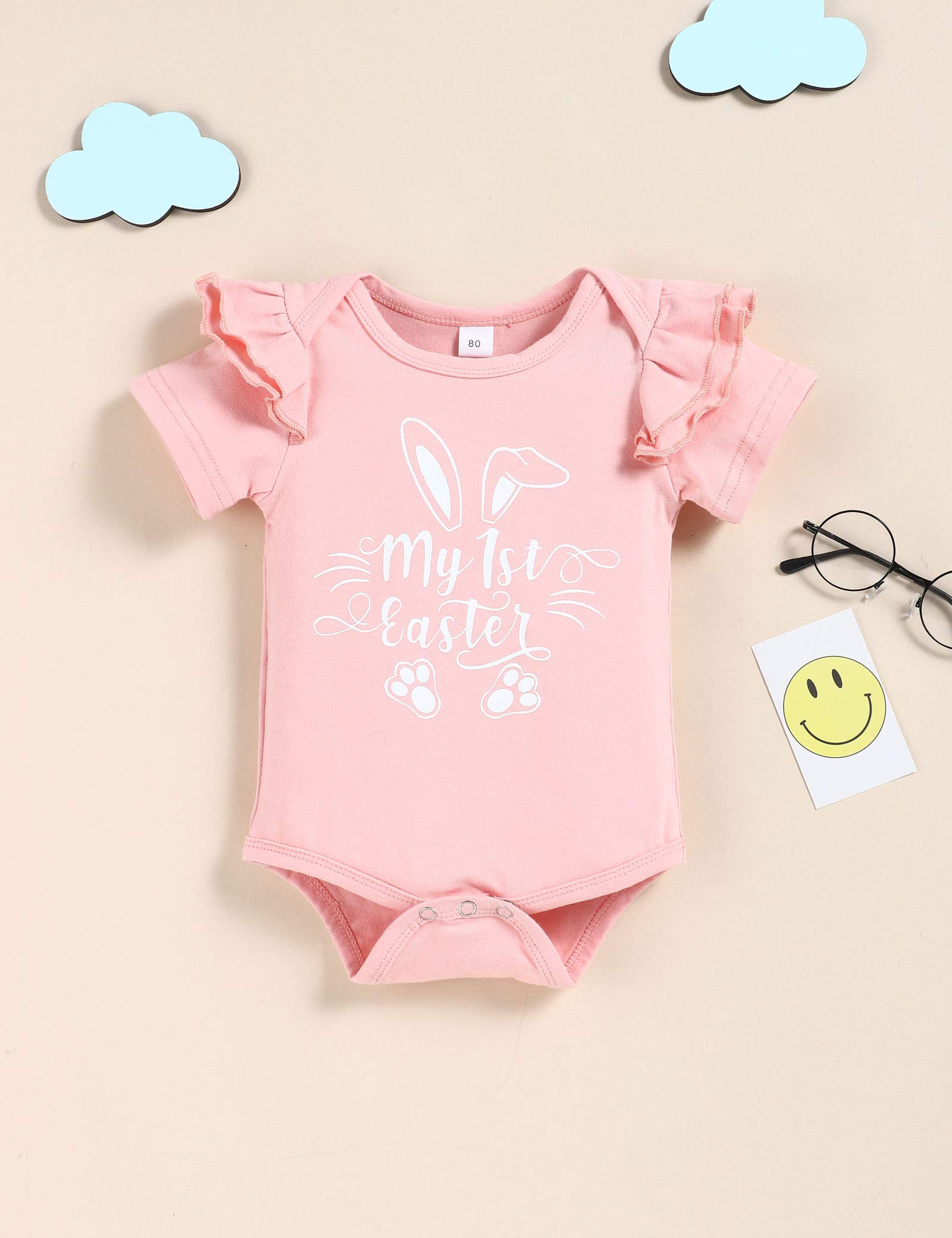 My 1st Easter Outfit Newborn Baby Girl Bunny Letters Romper Ruffle Floral Shorts set (Pink, 0-3 Months)