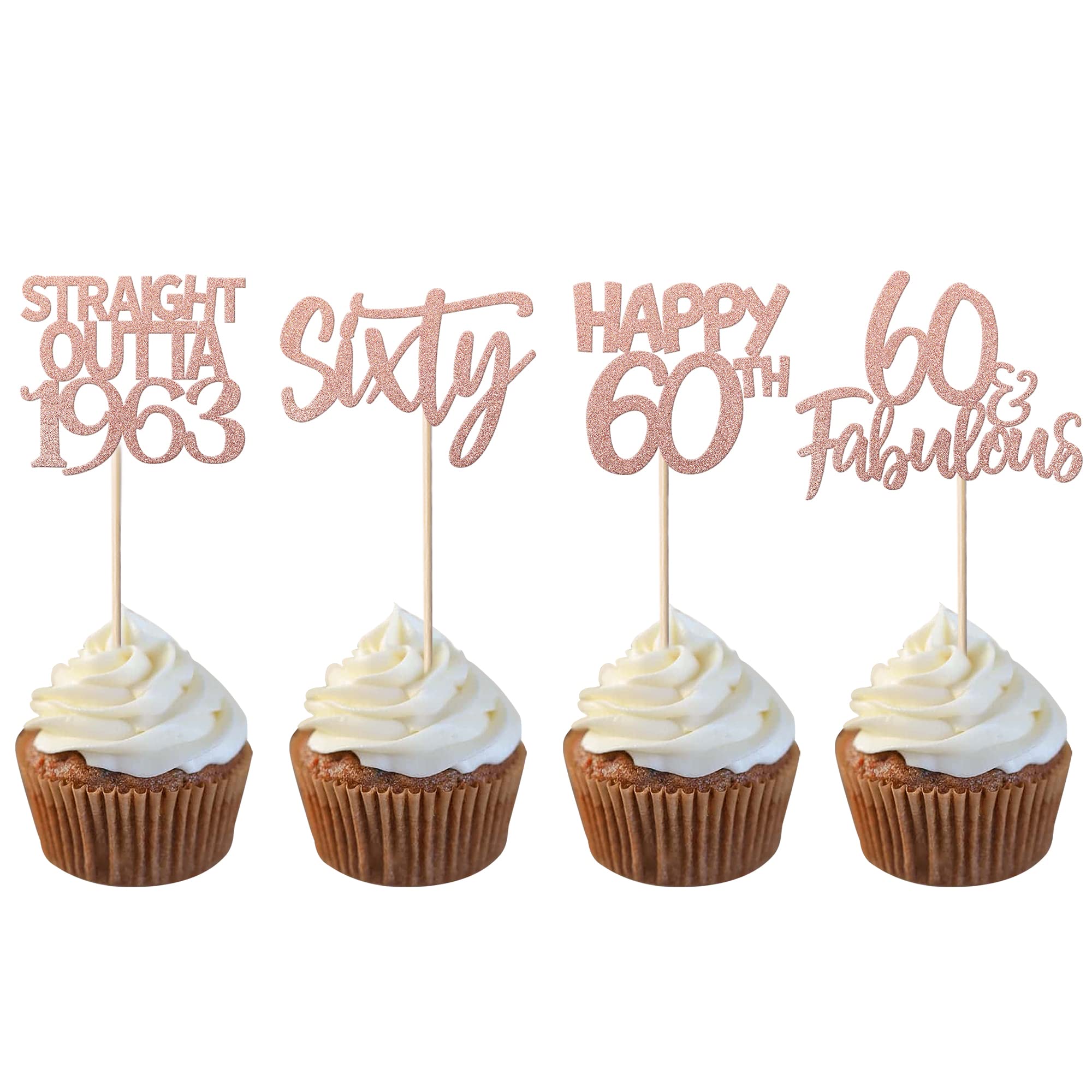 24 Pack Cheers to 60 Years Birthday Cupcake Toppers Glitter Sixty Straight Outta 1963 Cupcake Picks Happy 60th Cake Decorations for Happy 60th Birthday Anniversary Party Supplies Rose Gold