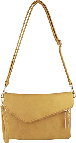 B BRENTANO Fold-Over Envelope Wristlet Clutch Crossbody Bag (Mustard Yellow)