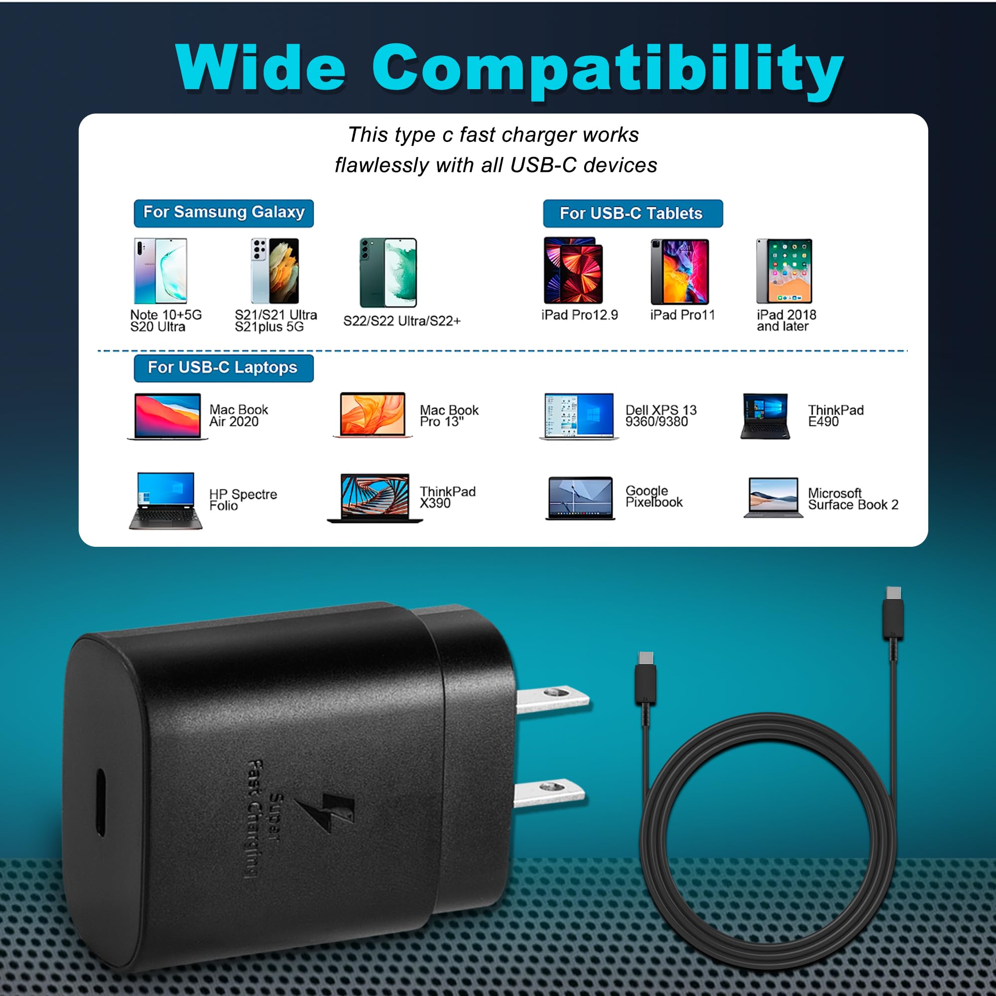 2 Pack 25w Samsung Super Fast Quick Wall Phone Charger with 2 Pack 6 Feet Type C Cable, for Galaxy Android S23 Ultra/S23/S23+/S22/S22 Ultra/S22+/S21 Ultra/S20 Ultra/Note 20/Note 10/Z Fold 3