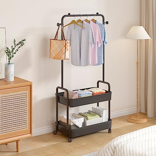 ACCSTORE Metal Clothing Racks, Freestanding Trolley Coat Rack With Wheels,Garment Rack For Storage,Clothes Rack,Heavy Duty Clothing Rack,Garment Racks With 2 Tier Plastics Storage Shelf,Black