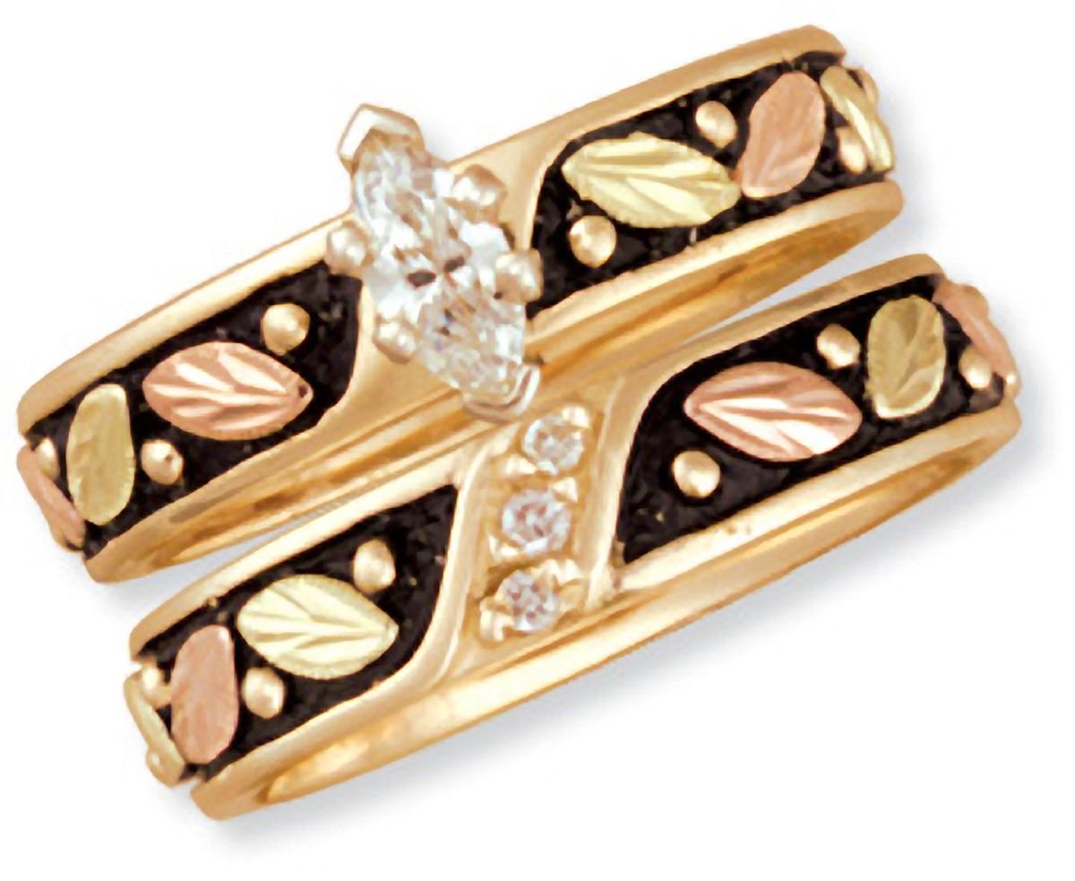 14K Black Hills Gold Antique Wedding Set (.28 tw) - Engagement Ring (.25 ct) and Wedding Ring (.03 ct) - Size 8.5