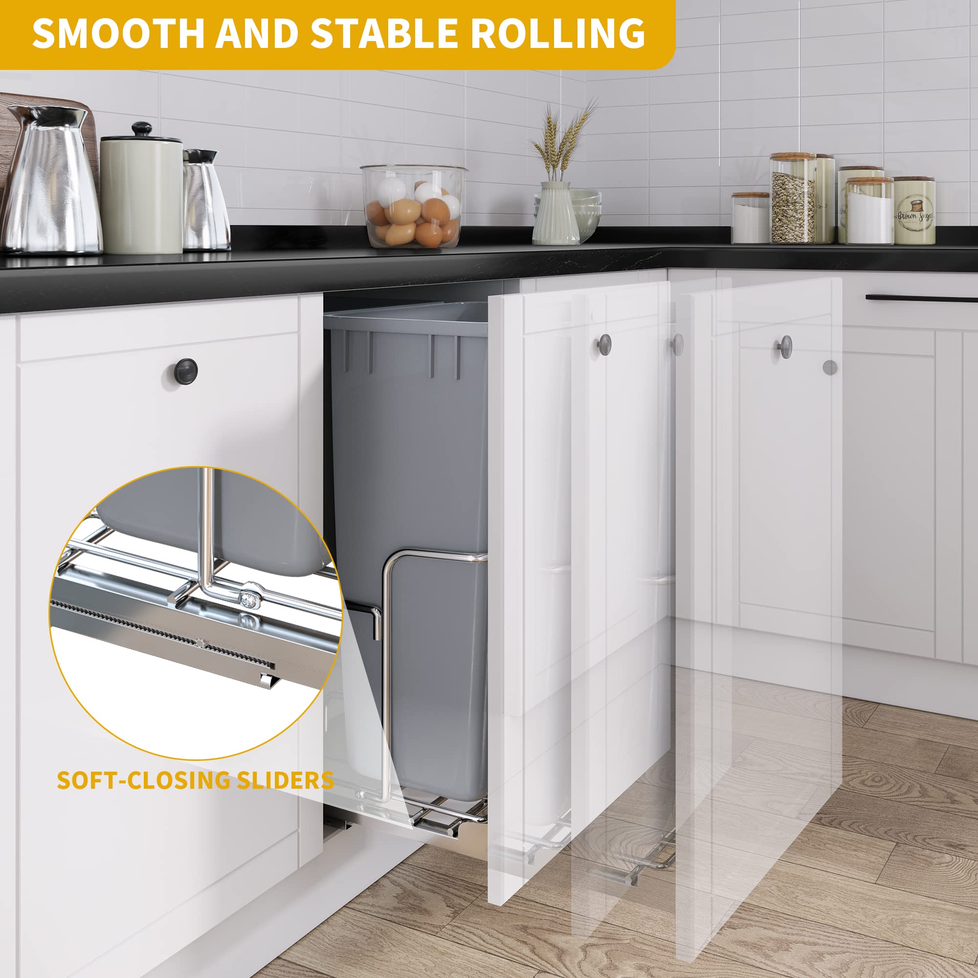 50-Quart Pull-Out Trash Can with Lid Double Bins, Sliding Under Mount Kitchen Pullout Waste Container Trash Can, Gray