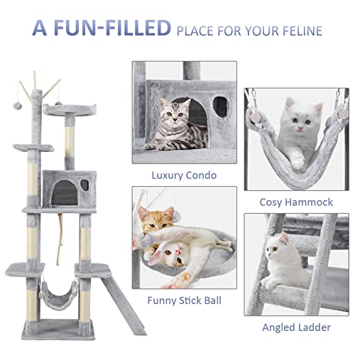 JOYO Cat Tree for Indoor Cats, 65.5 Inches Multi-Level Cat Tower Cat Tree with Hammock, Scratching Posts, Top Perch, Ladder, Cat Activity Tree Cat Condo with Toys, Cat Climbing Tower for Kitten Play