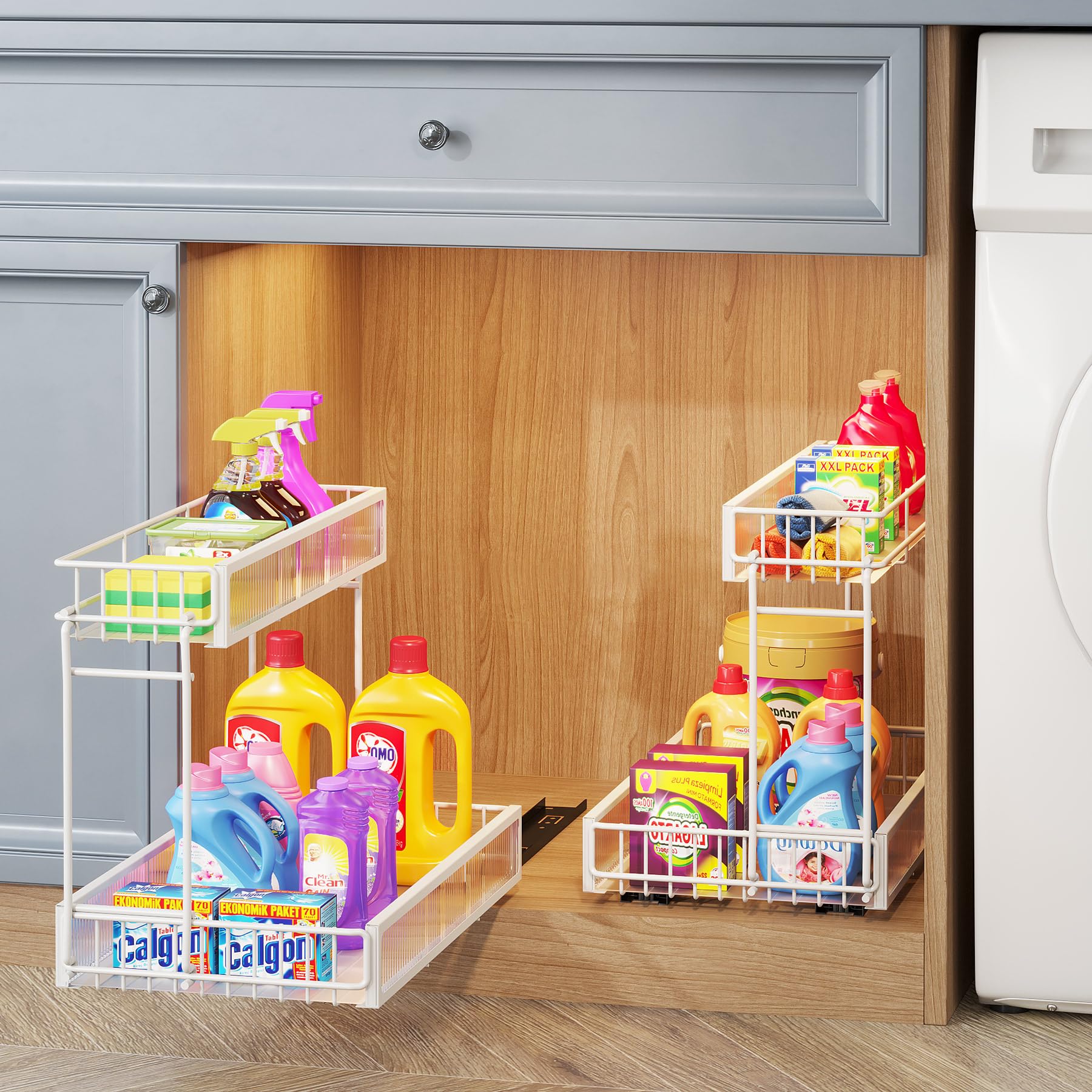 1Eayslife White Under Sink Organizer, 2 Tiers Pull Out Cabinet Organizer, Acrylic Slide Out Cabinet Storage Shelf with Wire Drawer and PP Cover
