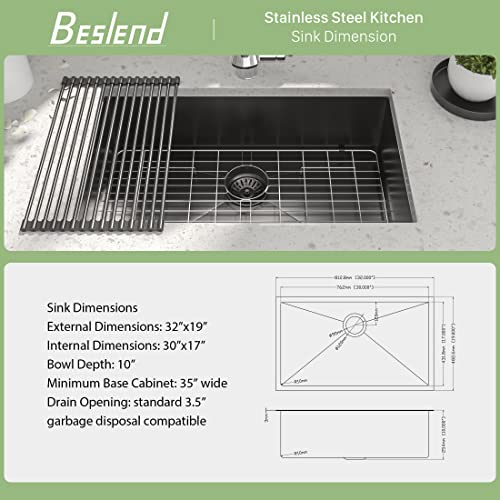 32 Inch Black Undermount Kitchen Sink - Beslend 32"x19"x10" Stainless Steel Gunmetal Black 16 Gauge 10 Inch Deep Single Bowl Basin