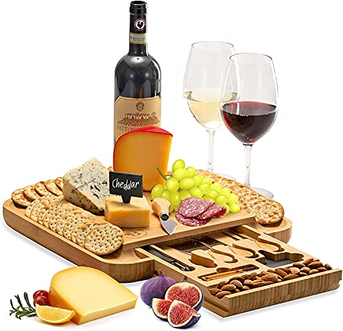 Cheese Board and Knife Set - Premium Quality Bamboo Charcuterie Platter for Slicing Cheese, Meat, Fruits, Vegetables - Hidden Drawer with 4 Stainless Steel Cutting and Serving Utensils - by Weegee