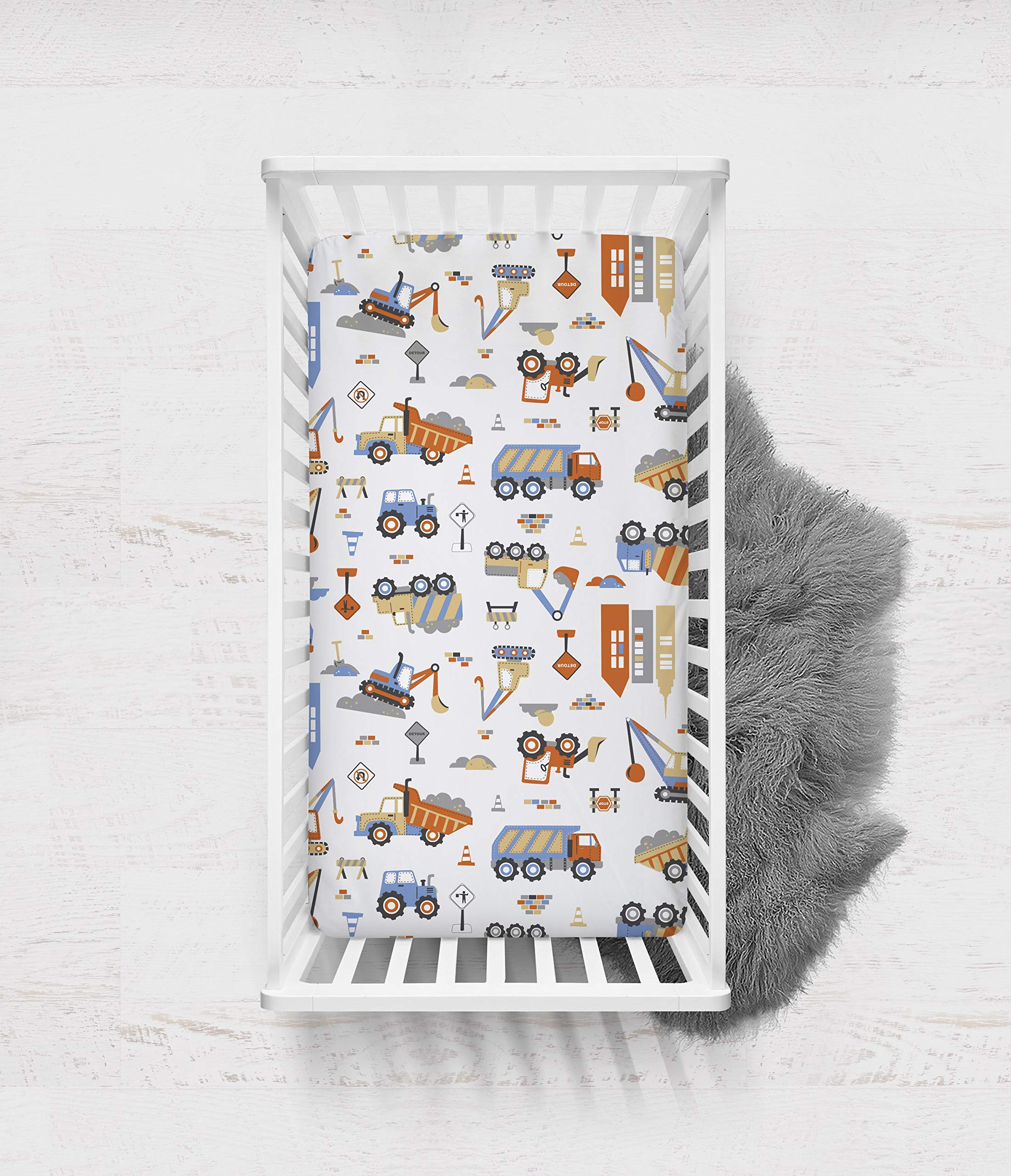 Crib Fitted Sheet - Construction Multicolor - Silky Soft Breathable 100% Cotton Percale Baby Sheets - Fits Standard 28 x 52 X 5 inches Crib & Toddler Mattresses