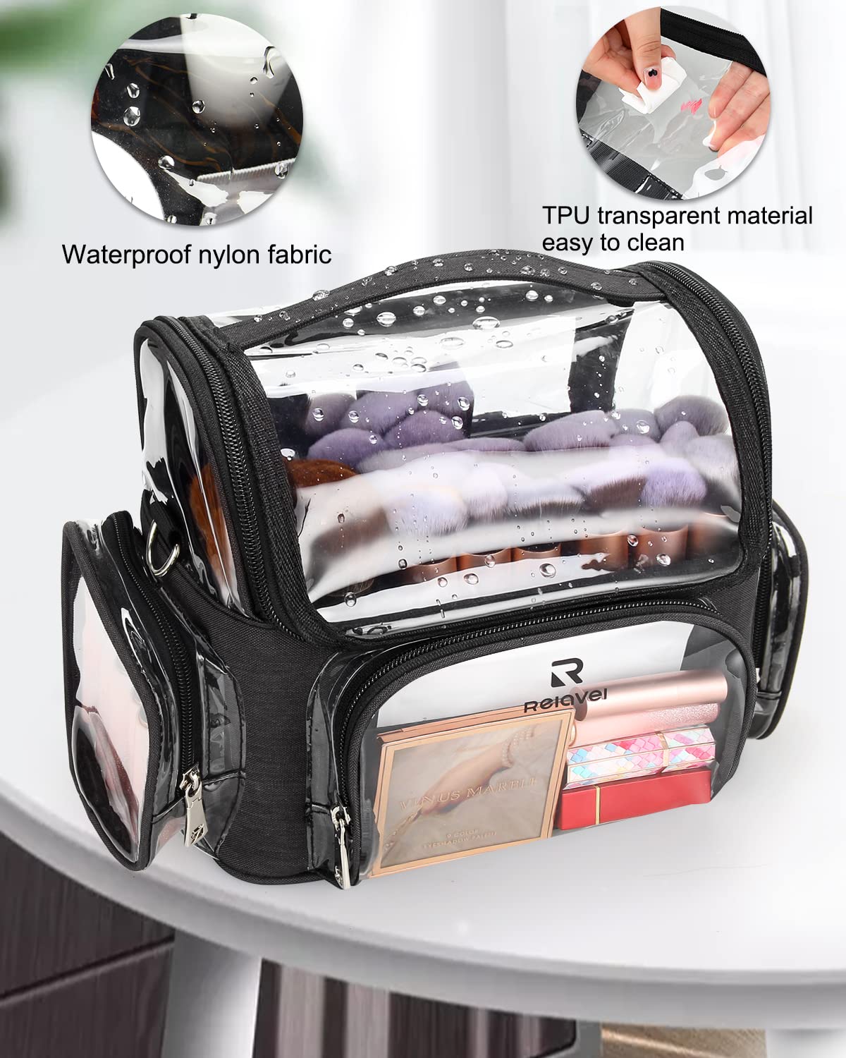 NAONAYA Makeup Brush Case, Large Makeup Brush Holder Professional Makeup Artist Travel Case Clear Waterproof Cosmetic Organizer Bag, Full Open Easy to Access, with Adjustable Strap and Dividers