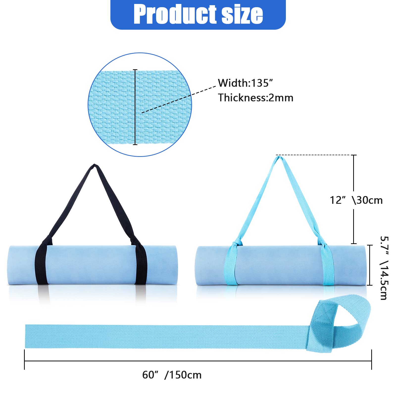 2 Pack Yoga Mat Carrier Strap Adjustable Thick Straps Sling Easy Cinch Yoga Mat Strap Cotton Exercise Mat Stretching Band Multi Purpose Straps for Carrying Large Mats, Light Blue and Black