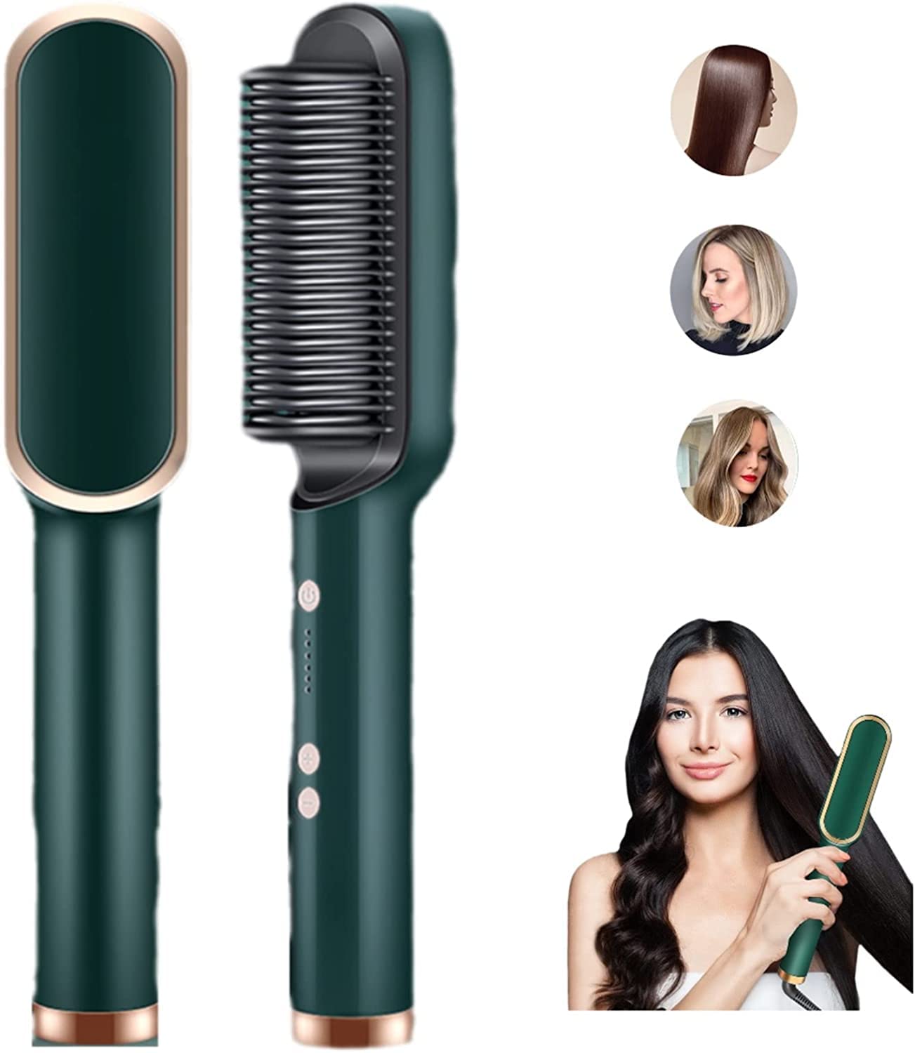 2023 New Negative Ion Hair Straightener Styling Comb, Portable 2 in 1 Hair Straightener Brush and Curler with 5 Temp/Fast Heating/Anti Scald for Home/Travel/Salon (Green)